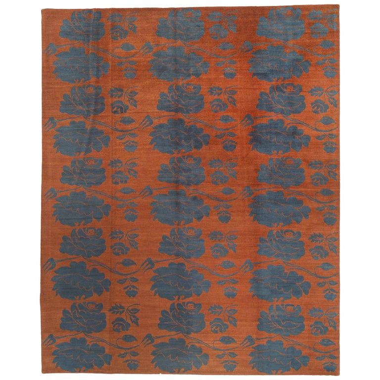 Rust and Blue Gray Floral Stencil Area Rug For Sale at 1stDibs