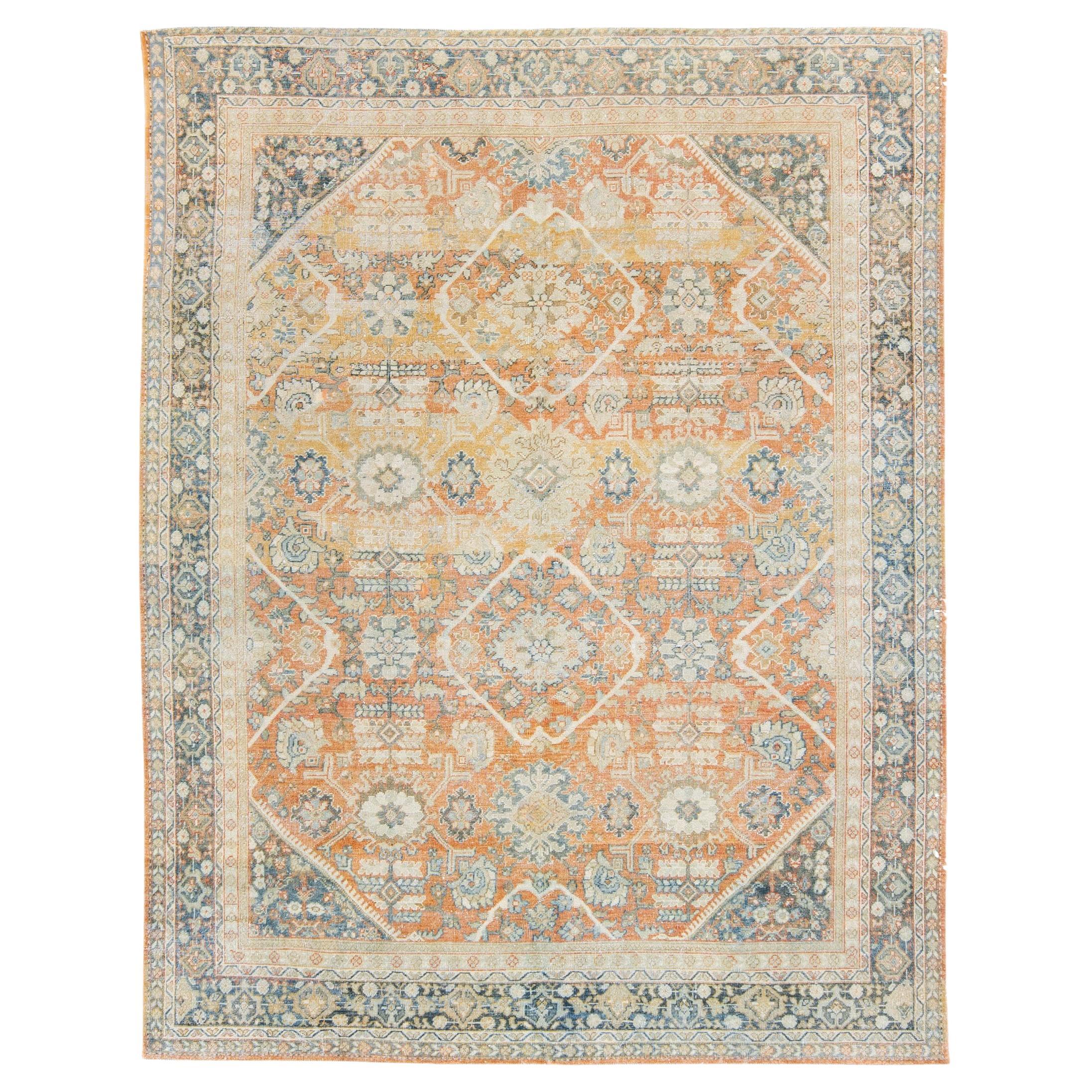 Antique Mahal Rug with Floral Pattern in Camel, Coral, Turquoise , Rust ...