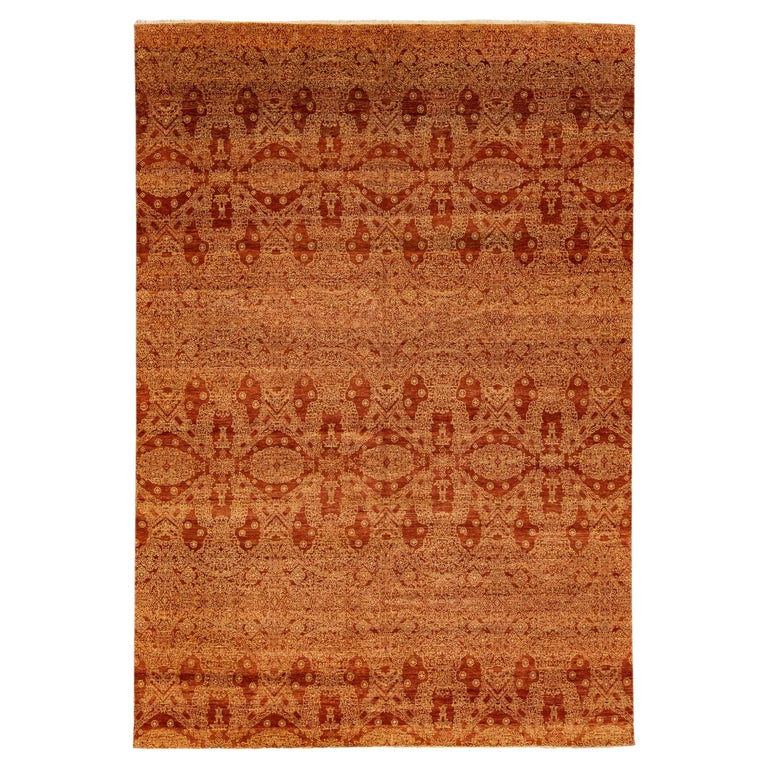 Rust Modern Ikat Handmade Designed Wool Rug For Sale at 1stDibs
