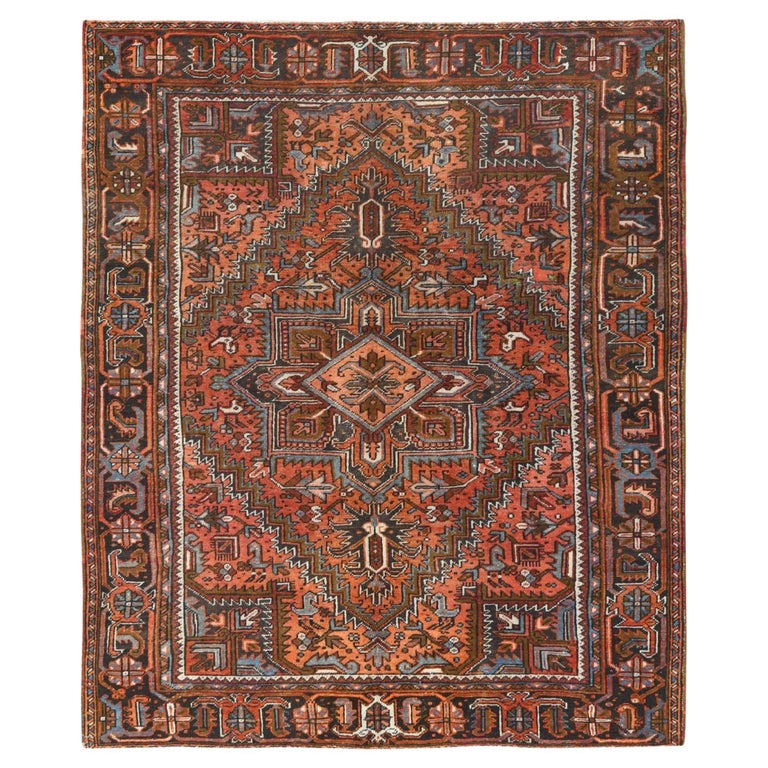Rust Red Distressed Look Worn Wool Hand Knotted Vintage Persian Heriz ...