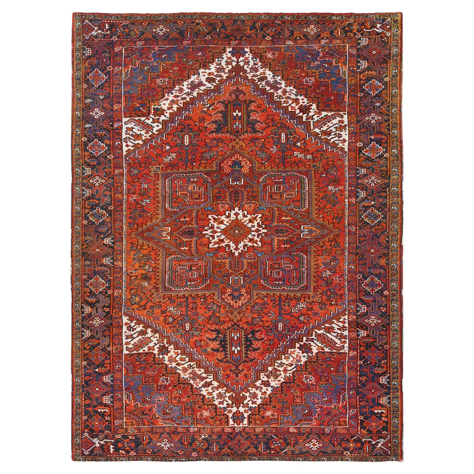 Brick Red Hand Knotted Vintage Persian Heriz Worn Down Rustic Look Worn ...