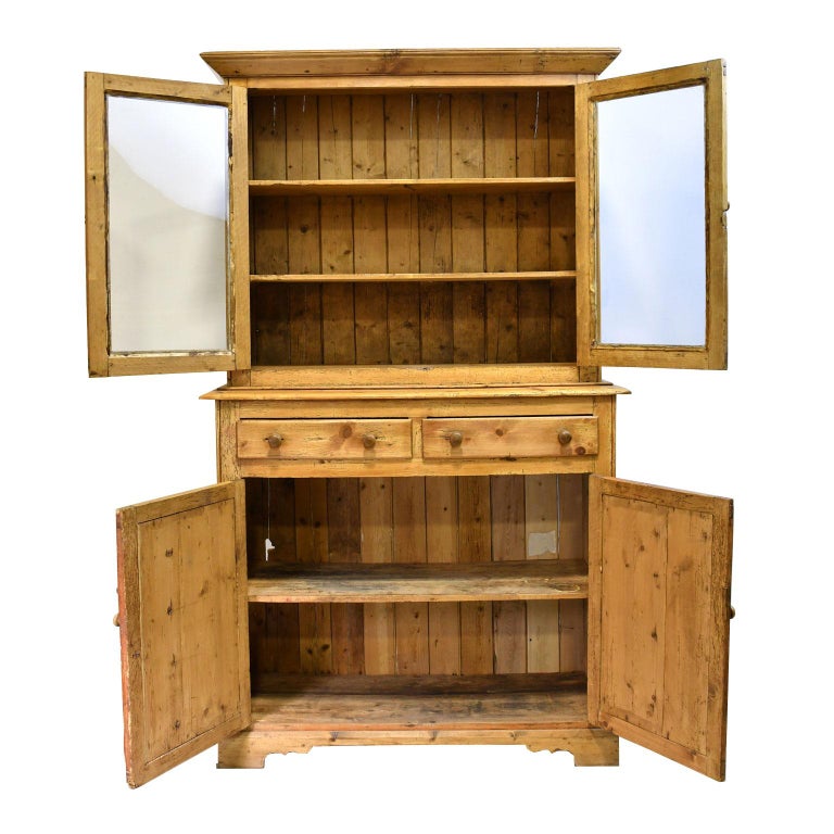 Rustic 19th Century English Country Cupboard in Pine with Glazed Doors ...