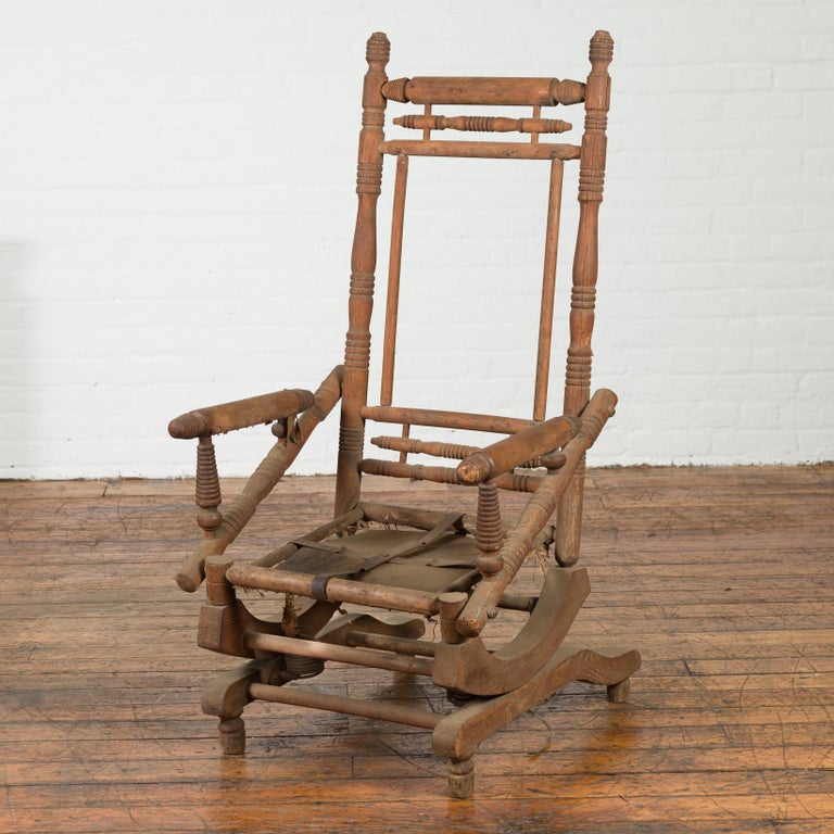 Rustic 19th Century Indian Rocking Chair with Metal Accents and Turned ...