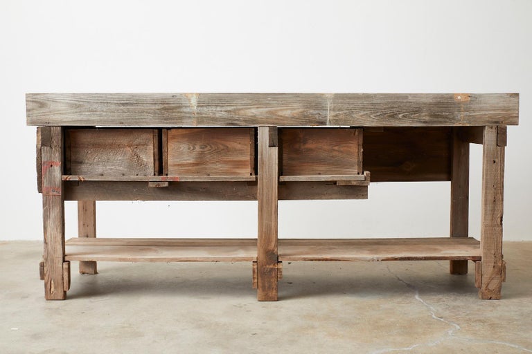 Rustic American Pine Three-Drawer Workbench Table at 1stDibs | rustic workbench table