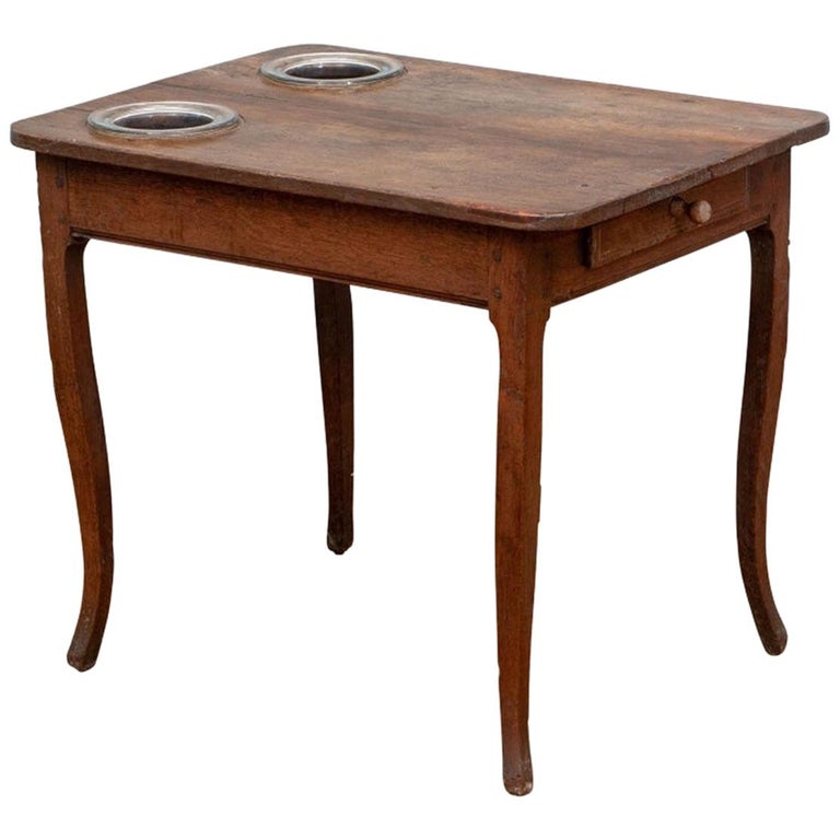 Rustic Antique European Table with Two Glass Wells For Sale at 1stDibs