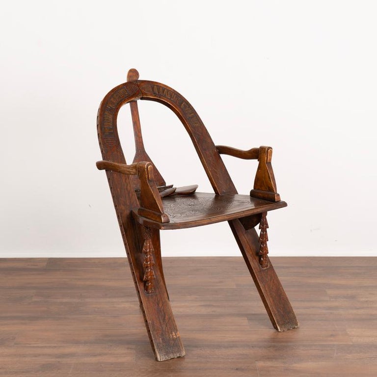 Rustic Antique Hand-Carved Tri Leg Chair For Sale at 1stDibs