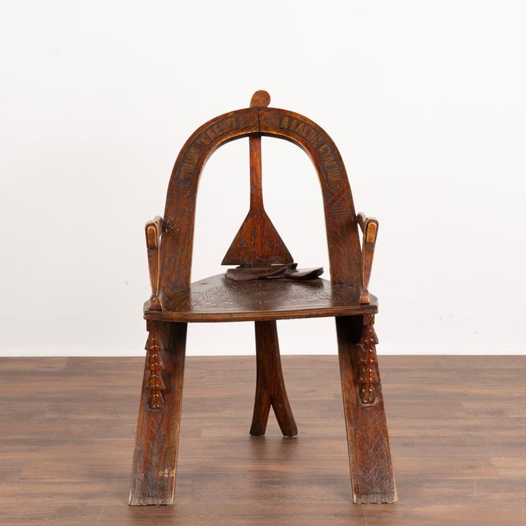 Rustic Antique Hand-Carved Tri Leg Chair For Sale at 1stDibs