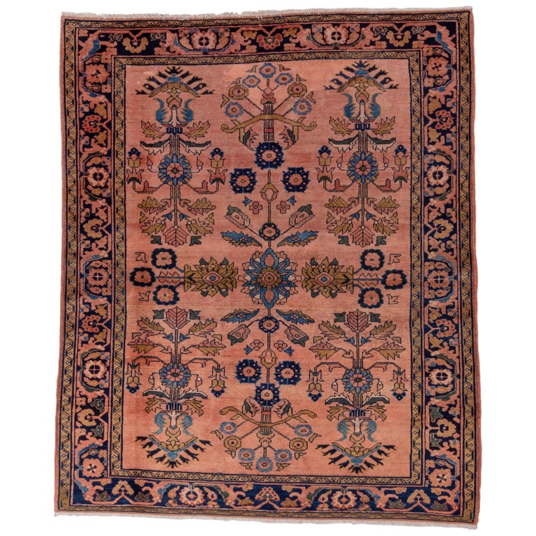 Rustic Antique Persian Lilian Rug, Coral Pink Field, Blue Borders ...