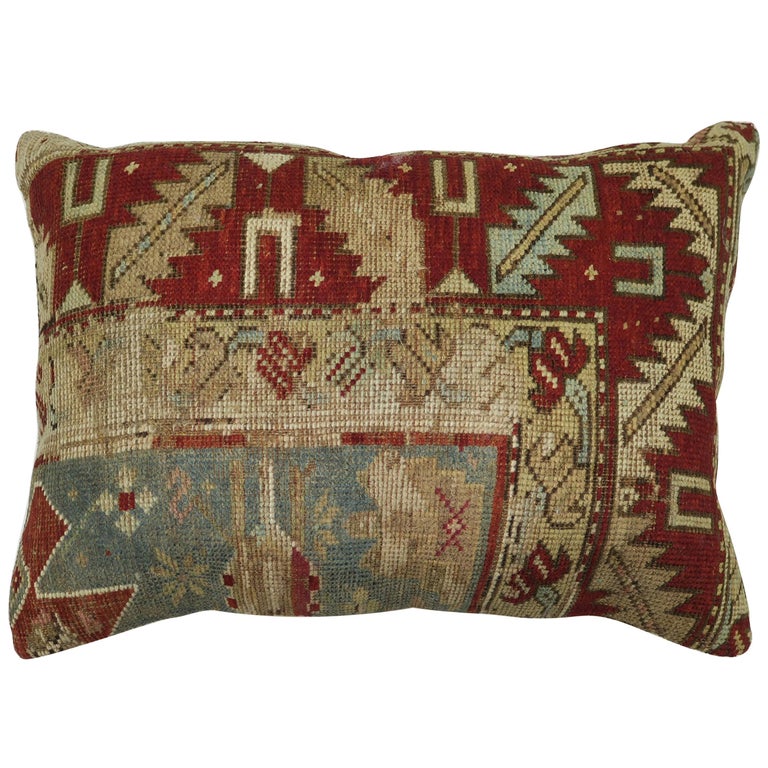 Rustic Antique Tribal Caucasian Lumbar Rug Pillow in Red and Soft Blue ...