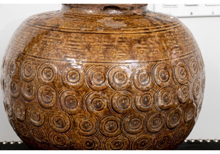 Rustic Asian Textured Glazed Ceramic Storage Jar For Sale at 1stDibs
