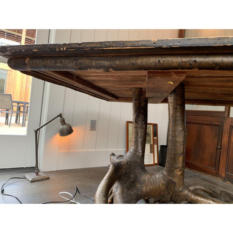 Rustic Bleached Elm Table with a Tree Trunk Base For Sale at 1stDibs