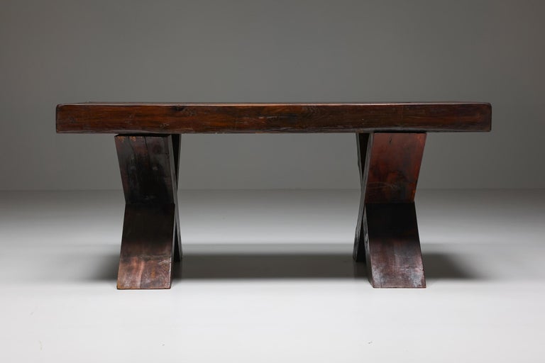 Rustic Brutalist Dark Wooden Dining Table with X-Legs, Italy, 1940's ...