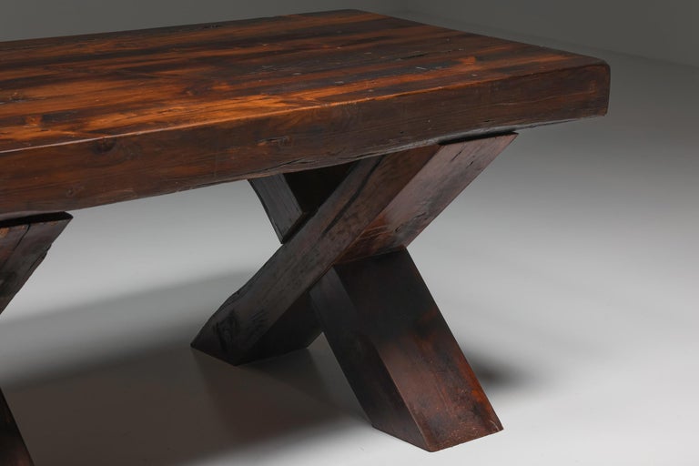Rustic Brutalist Dark Wooden Dining Table with X-Legs, Italy, 1940's ...