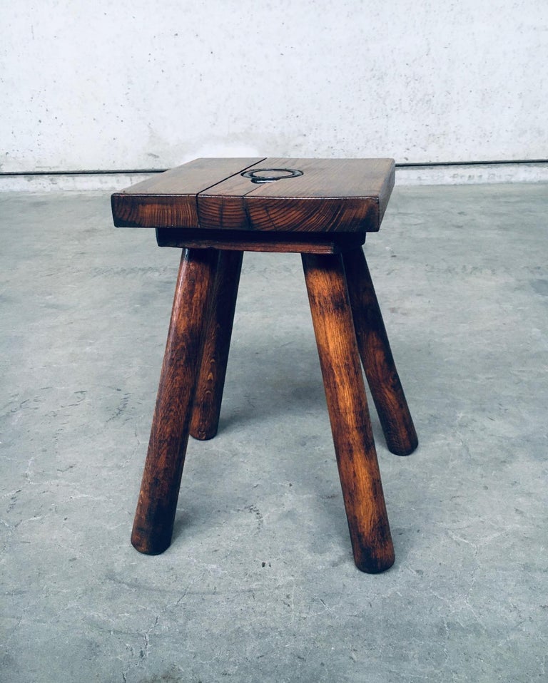 Rustic Brutalist Design Oak Stool w Handle, Belgium, 1950's For Sale at ...