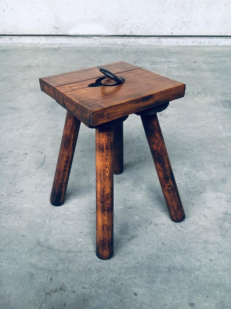 Rustic Brutalist Design Oak Stool w Handle, Belgium, 1950's For Sale at ...