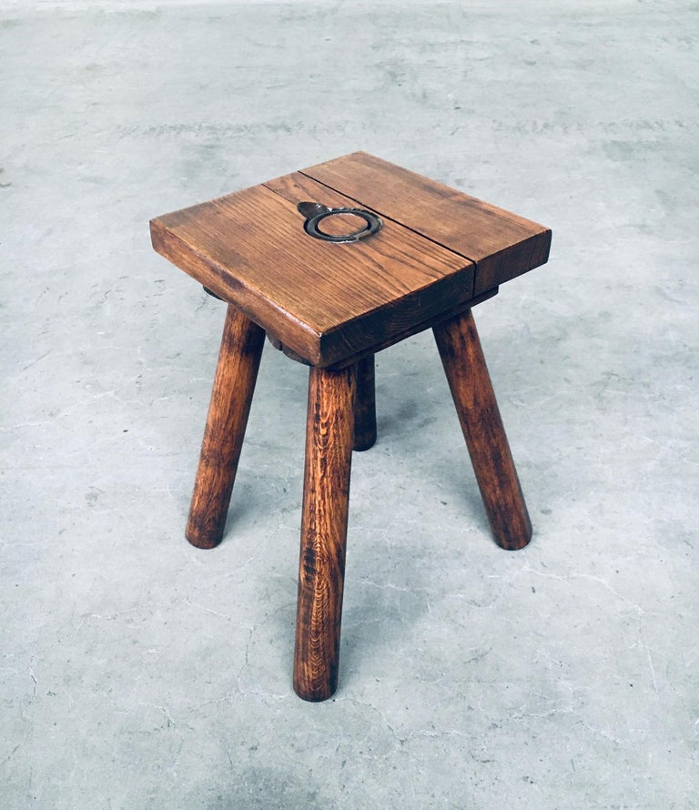 Rustic Brutalist Design Oak Stool w Handle, Belgium, 1950's For Sale at ...
