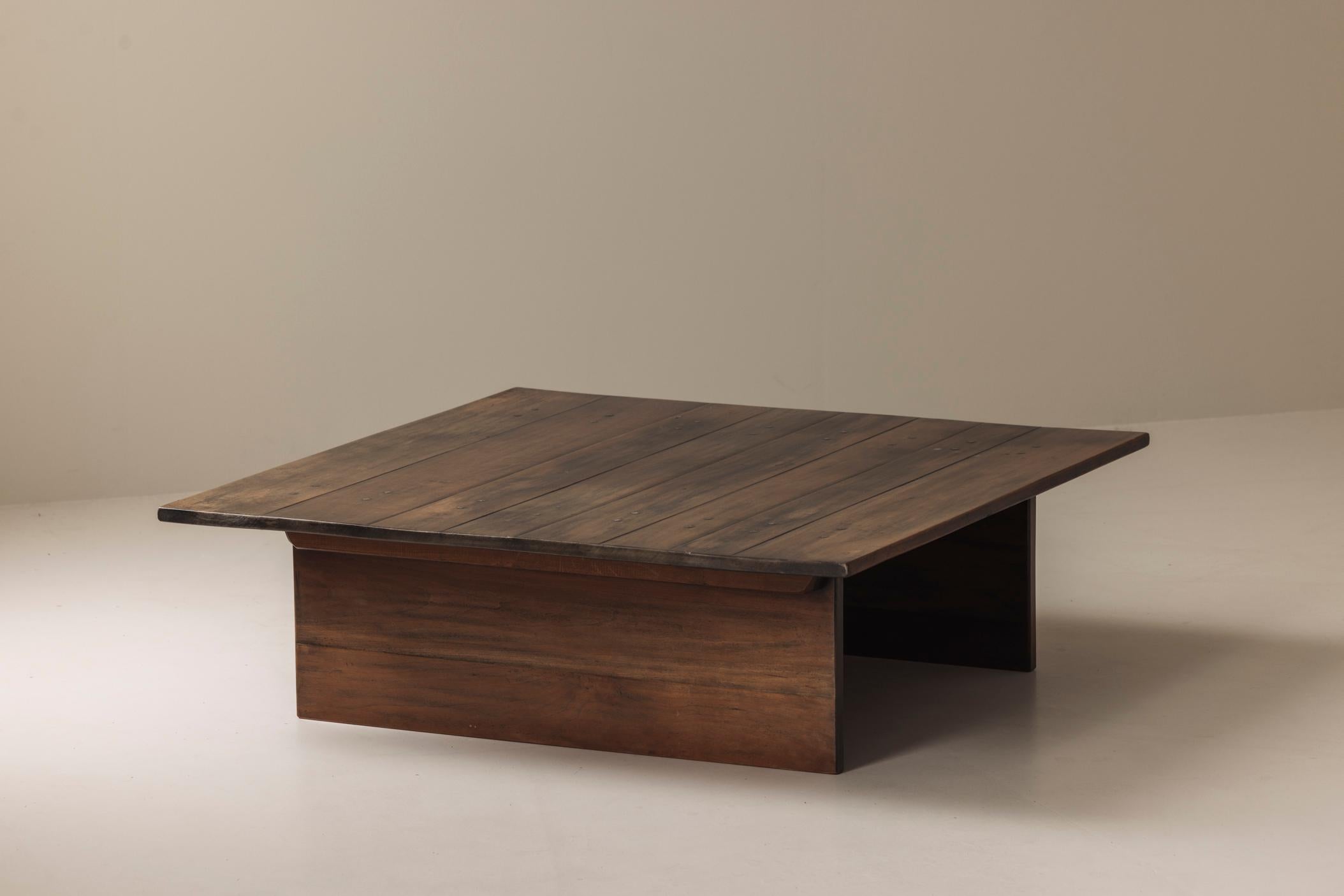 Rustic brutalist square coffee table in solid dark-stained oak wood ...