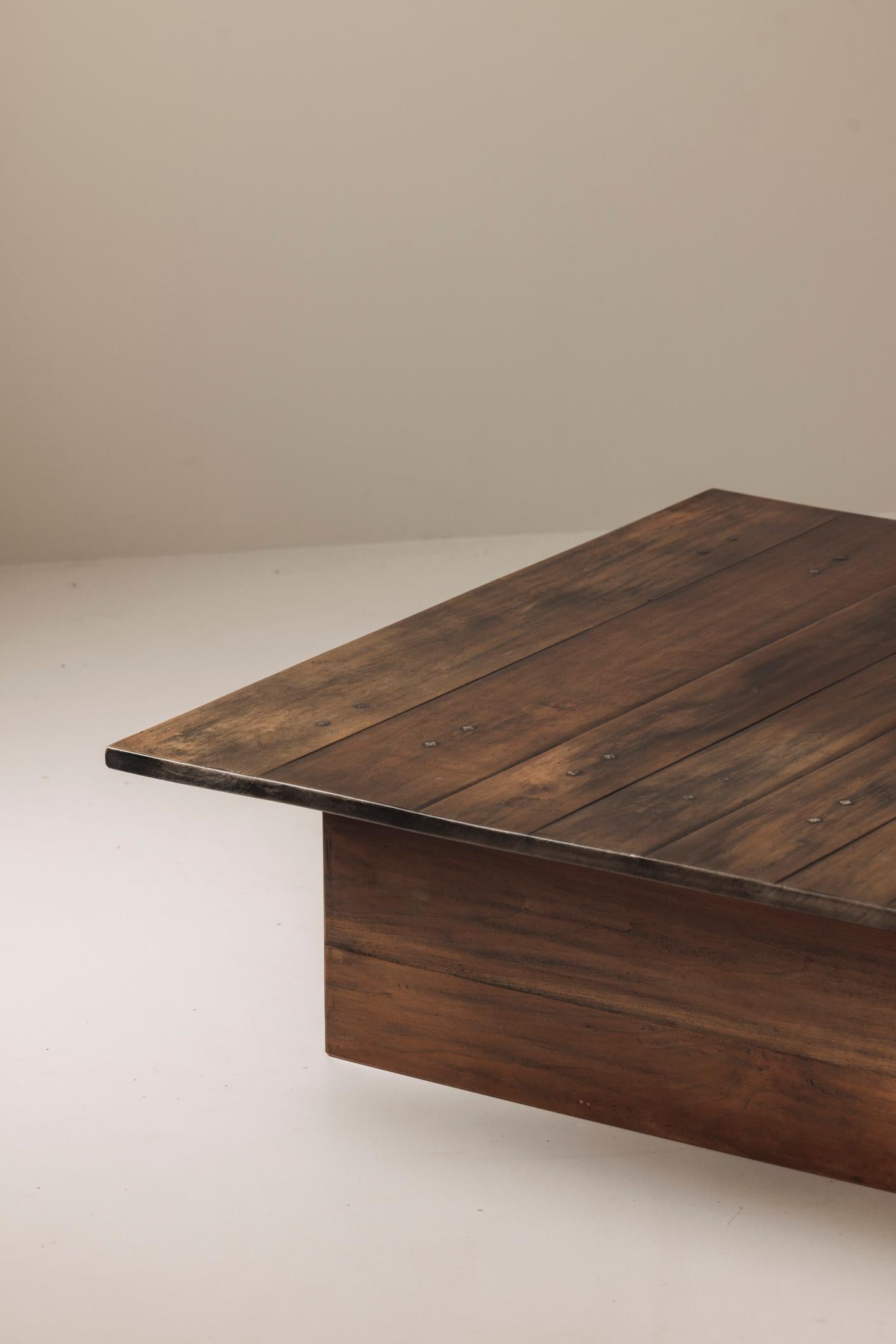 Rustic brutalist square coffee table in solid dark-stained oak wood ...