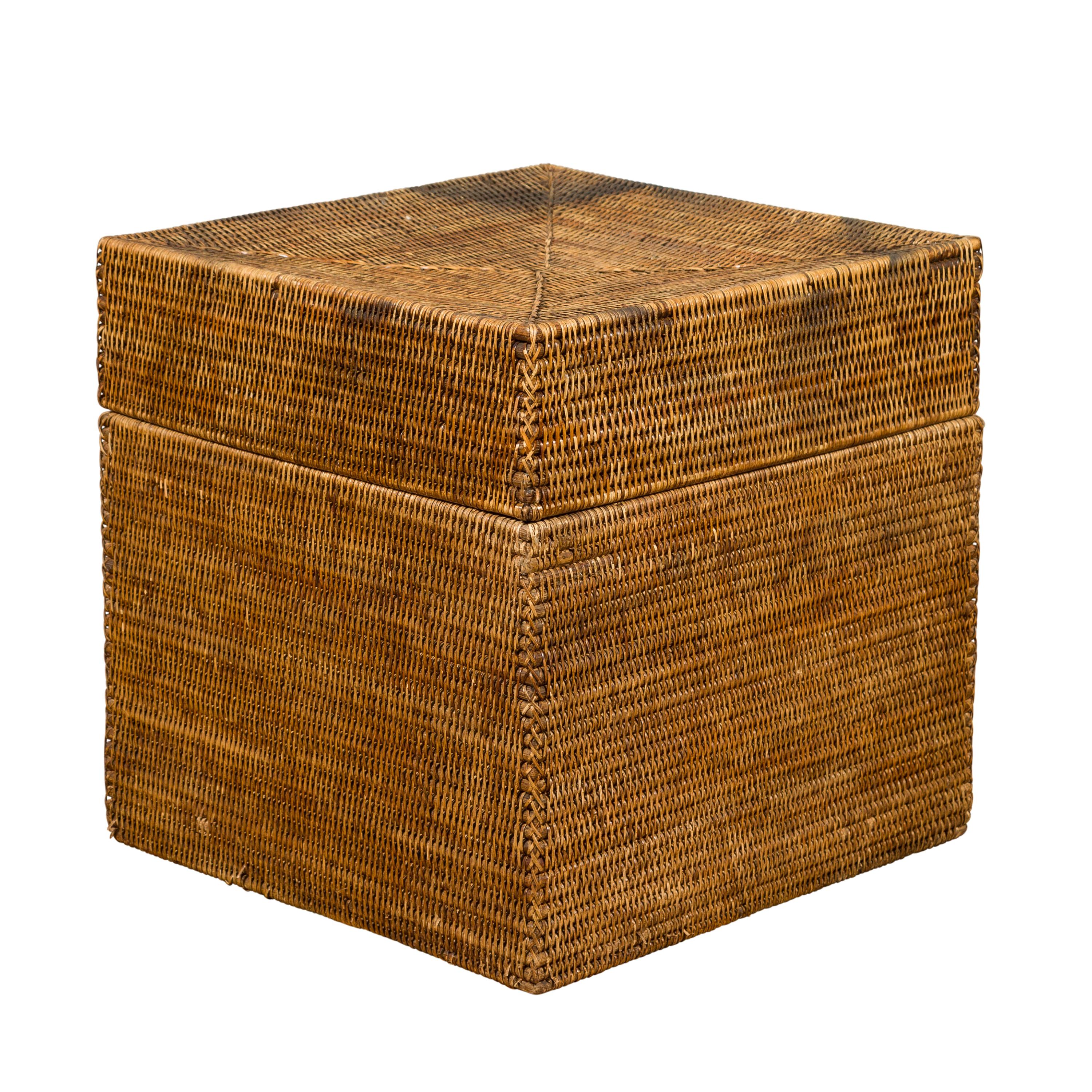 Rustic Burmese Vintage Square Shaped Rattan Basket with Weathered ...