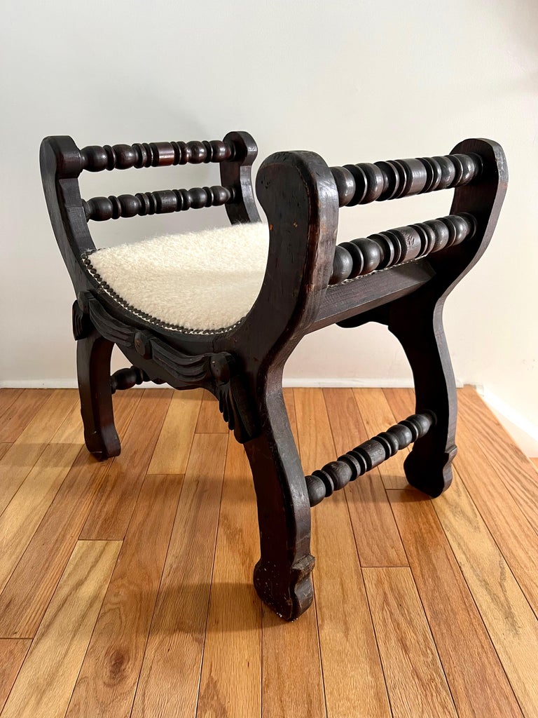 Rustic Carved Wood Bench in Ivory Boucle by Pierre Frey, Mexico, circa ...
