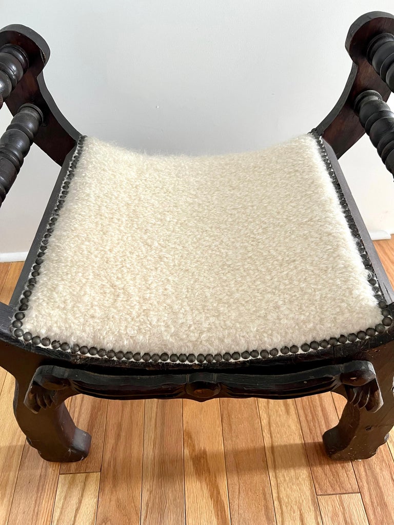 Rustic Carved Wood Bench in Ivory Boucle by Pierre Frey, Mexico, circa ...