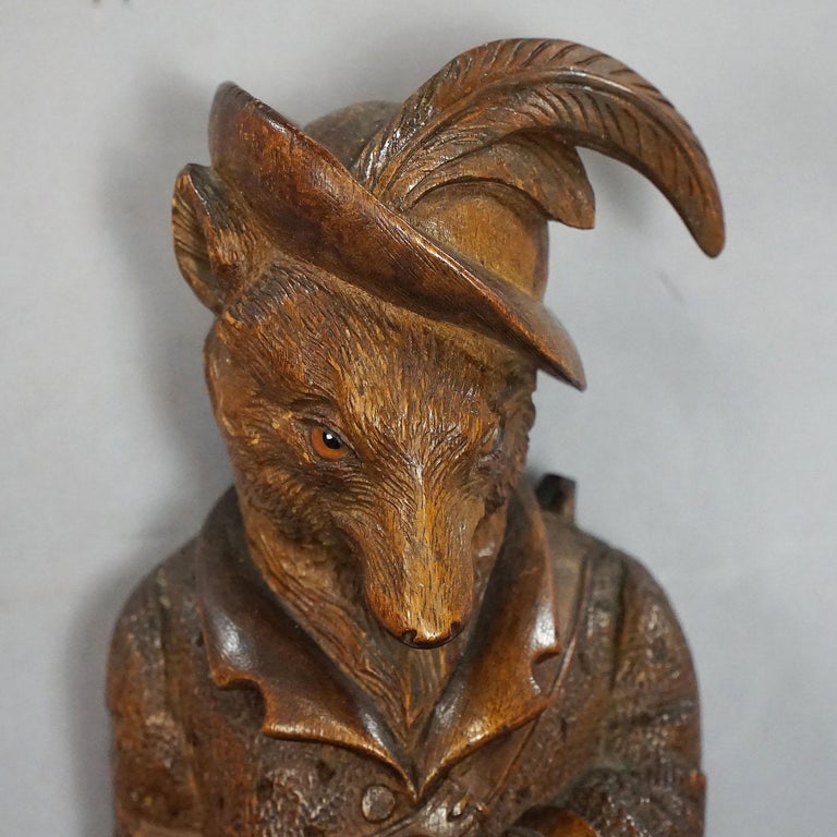 Rustic Carved Wood Hunter Fox Coat Hook with Music at 1stDibs