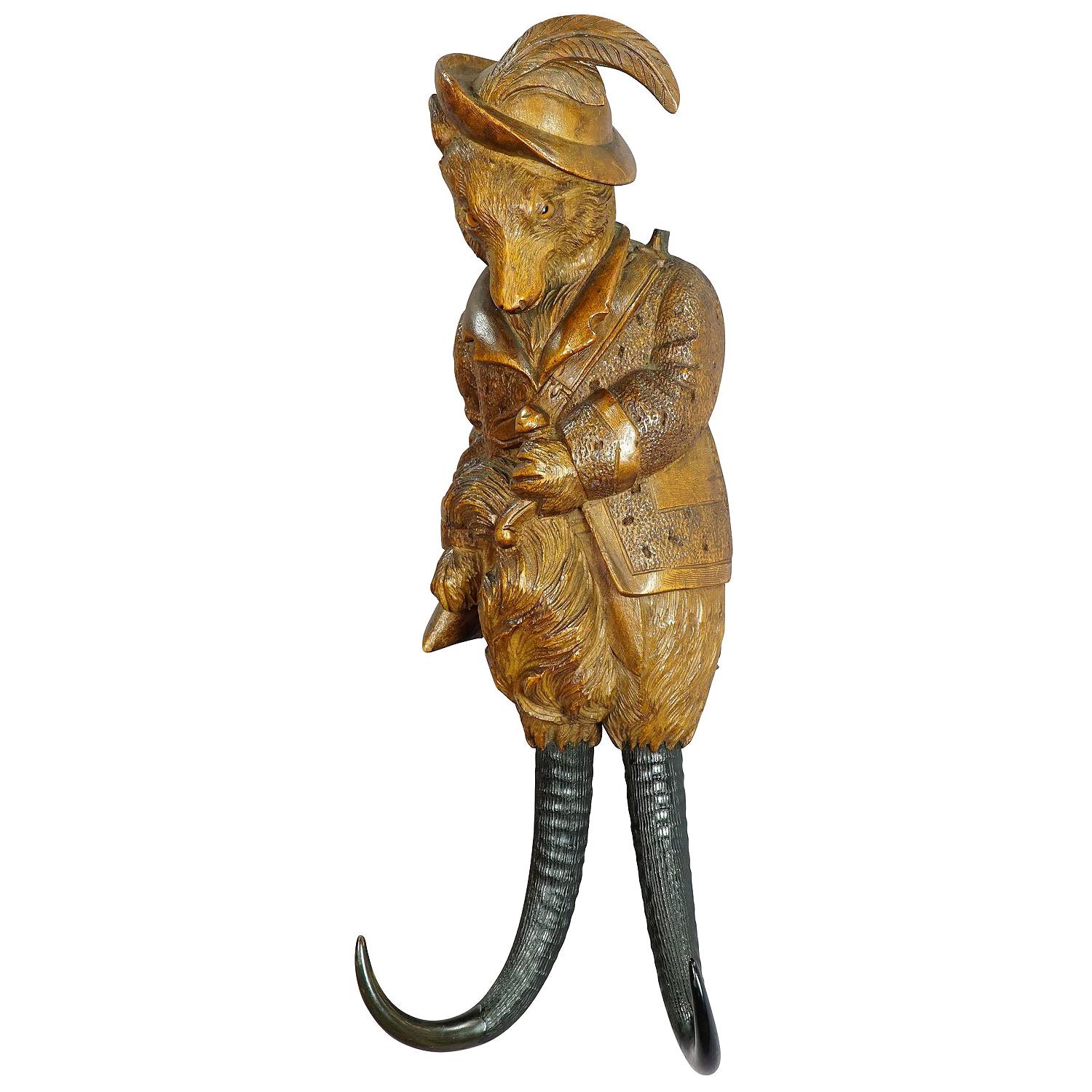 Rustic Carved Wood Hunter Fox Coat Hook with Music at 1stDibs
