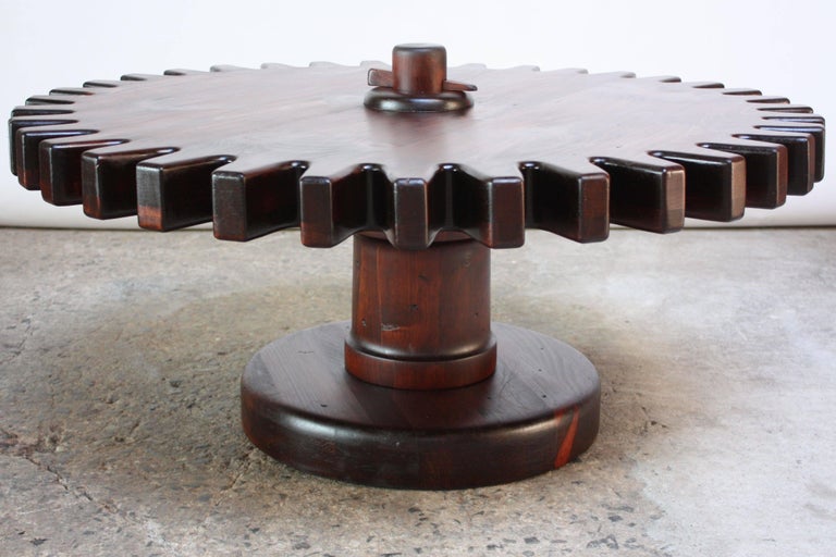Rustic 'Cog' Swiveling Coffee Table in Stained Pine at 1stDibs