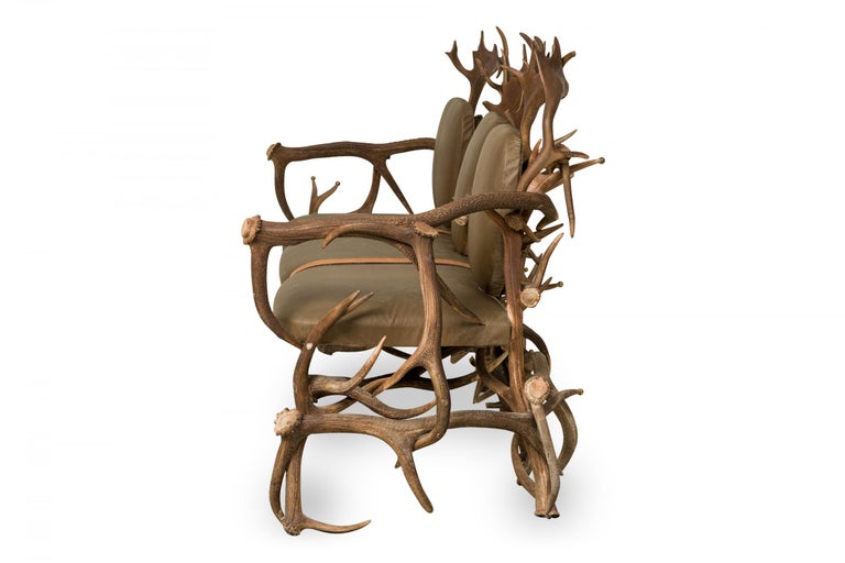 Rustic Continental Style Green Leather and Faux Antler Three-Seat ...