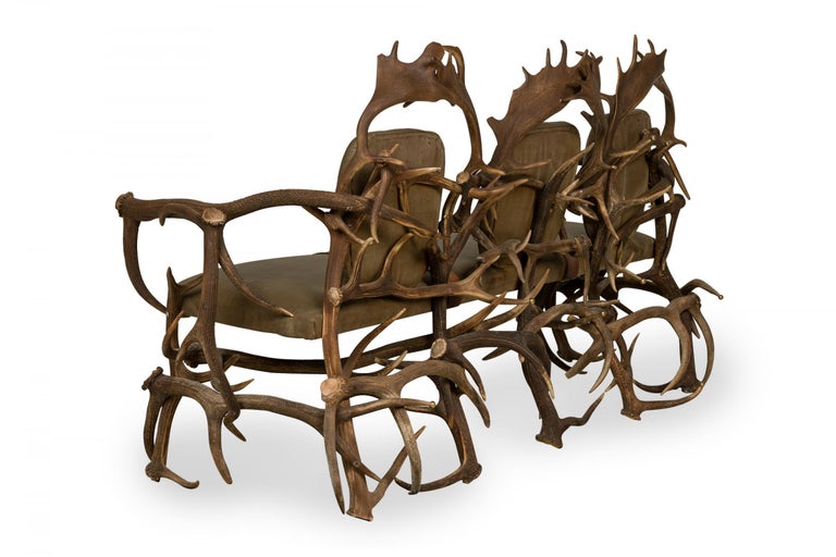 Rustic Continental Style Green Leather and Faux Antler Three-Seat ...