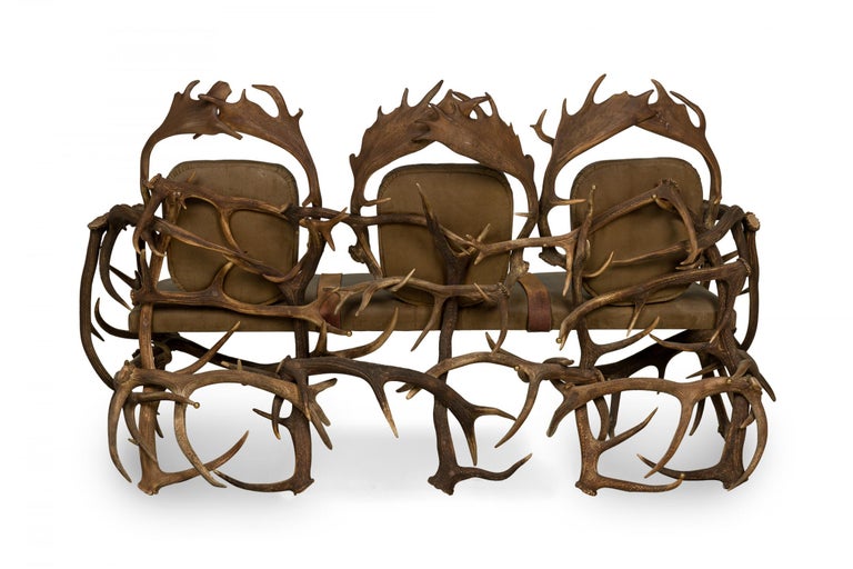 Rustic Continental Style Green Leather and Faux Antler Three-Seat ...