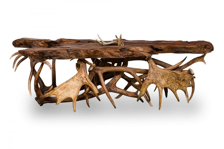 Rustic Continental Style Live Edge Wood and Faux Antler Coffee Table ...