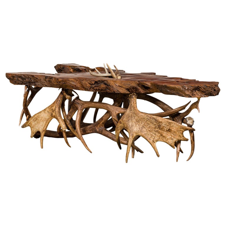 Rustic Continental Style Live Edge Wood and Faux Antler Coffee Table ...