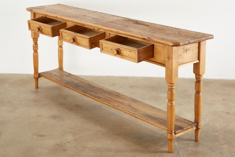 Rustic Country American Pine Three-Drawer Console Table at 1stDibs
