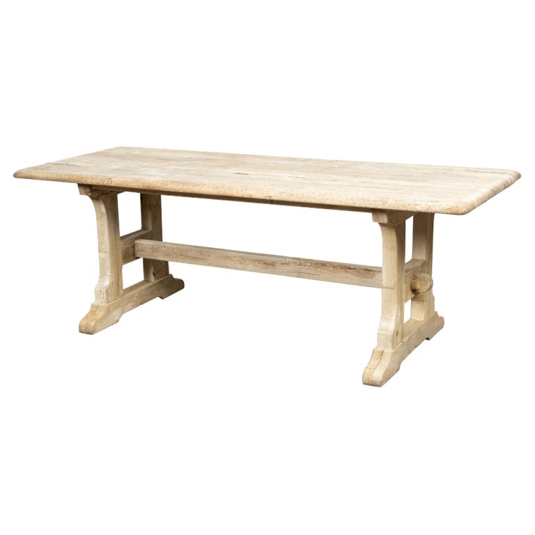 Rustic English 19th Century Natural Wood Farm Table with Trestle Base ...