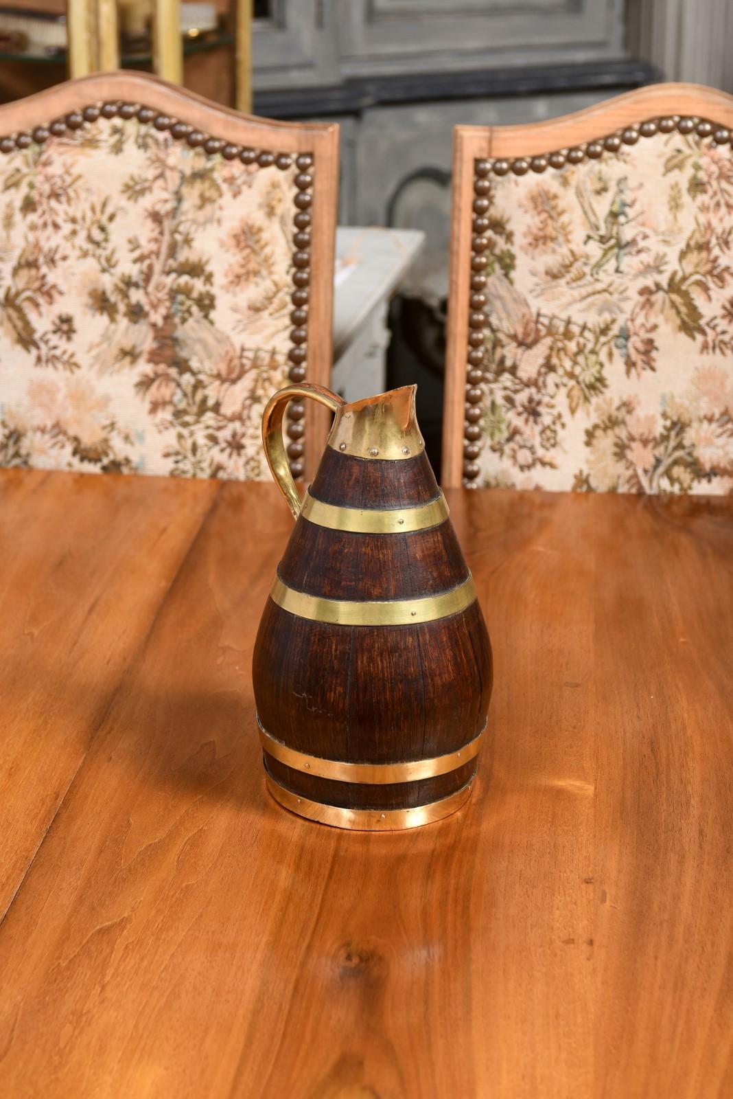 Rustic French 19th Century Oak Cider Pitcher with Brass Strapping and ...