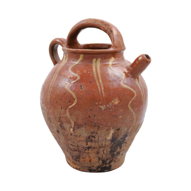 Rustic French Glazed Terracotta 19th Century Oil Jug with Distressed ...