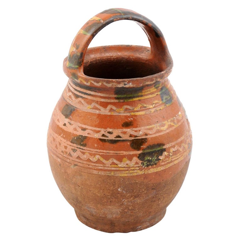 Rustic French Late 19th Century Pottery Jug with Wavy Lines and Large ...