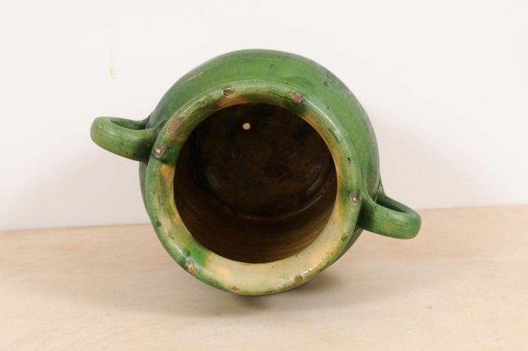 Rustic French Provincial 1850s Green Glazed Pottery Confit Pot with Two ...