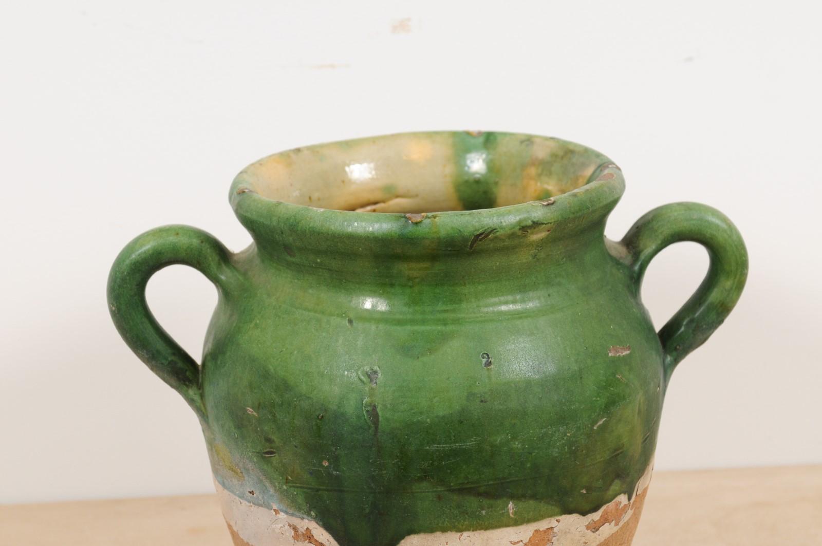 Rustic French Provincial 1850s Green Glazed Pottery Confit Pot with Two ...