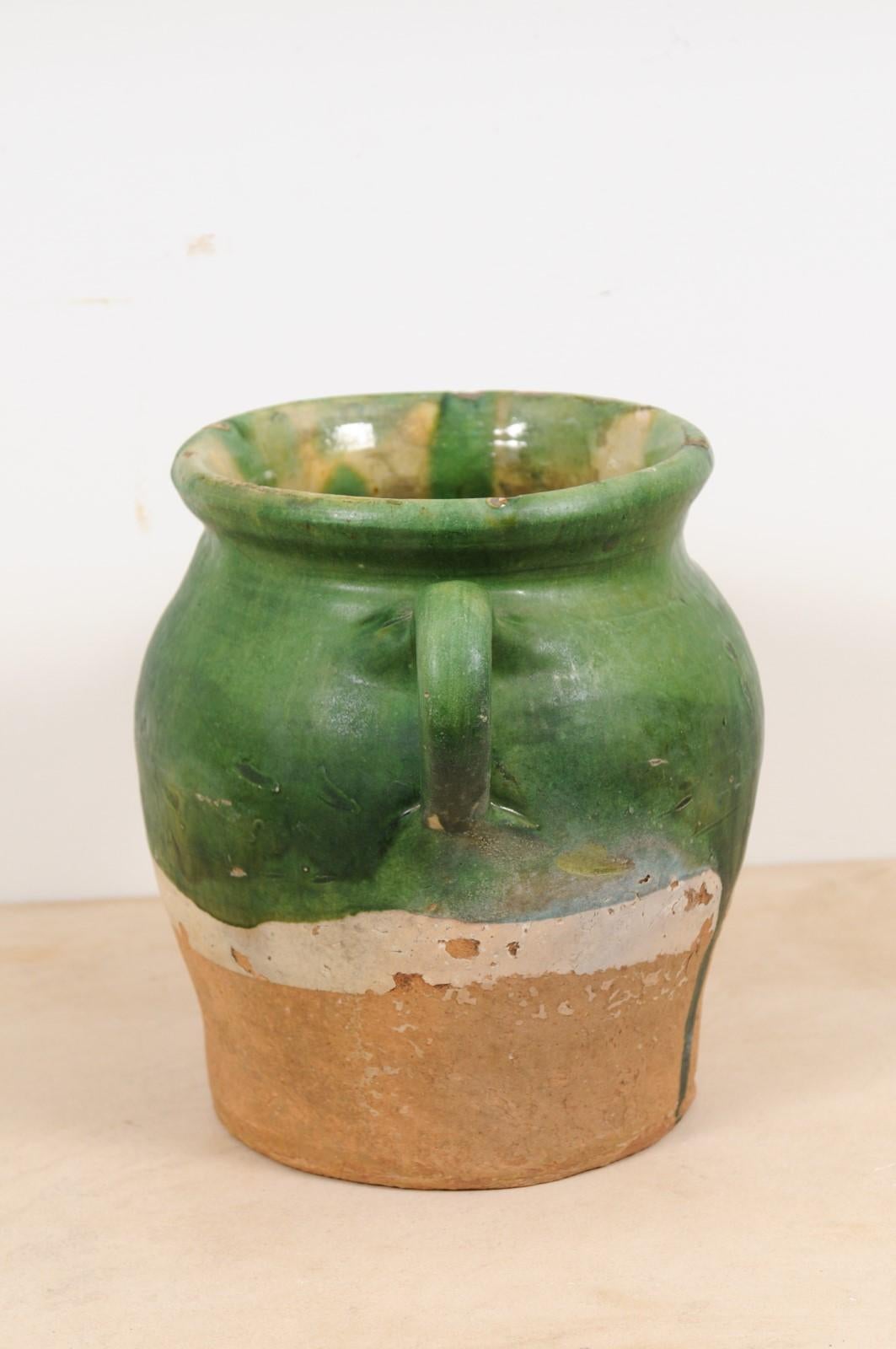 Rustic French Provincial 1850s Green Glazed Pottery Confit Pot with Two ...