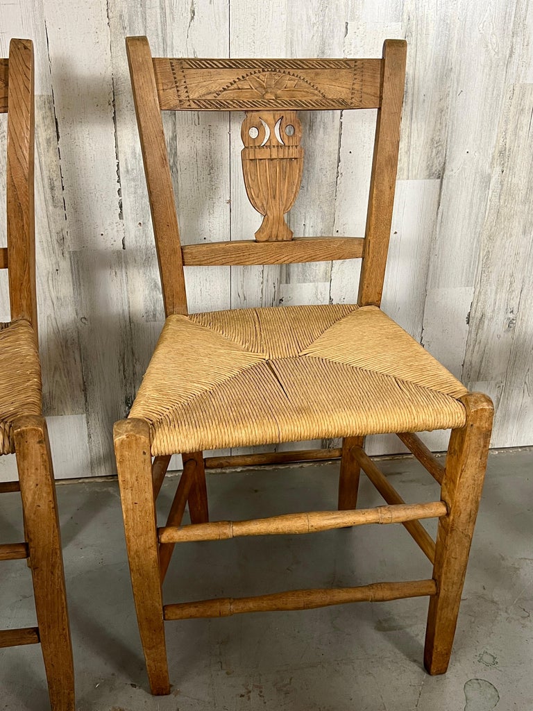 Rustic French Rush Seat Dining Chairs with Owl Splat For Sale at 1stDibs