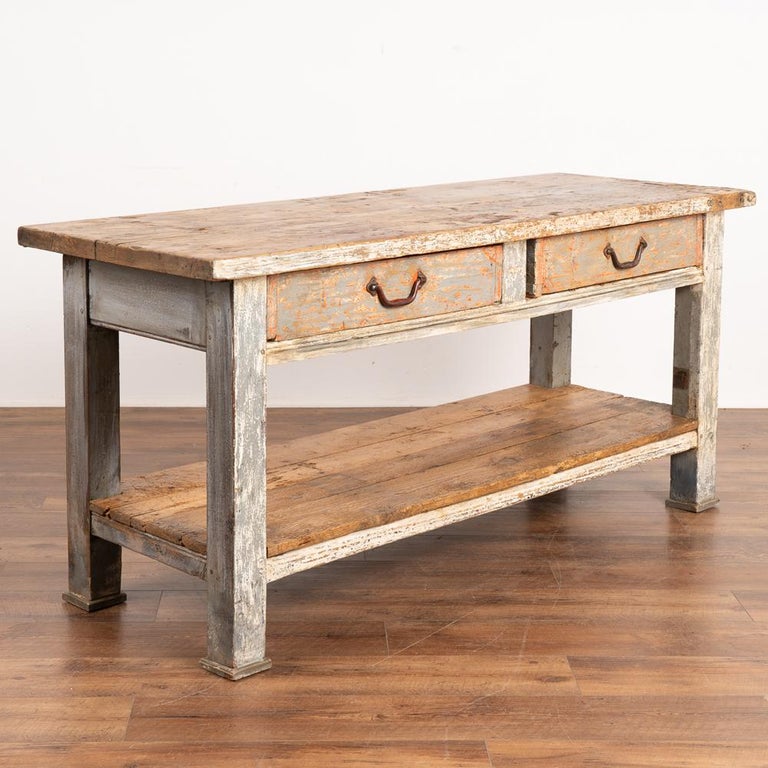Rustic Gray Painted Work Table or Kitchen Island with Shelf, Hungary ...