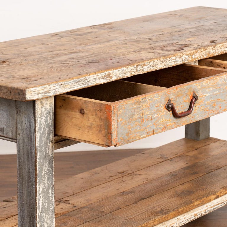 Rustic Gray Painted Work Table or Kitchen Island with Shelf, Hungary ...