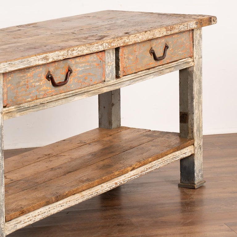 Rustic Gray Painted Work Table or Kitchen Island with Shelf, Hungary ...