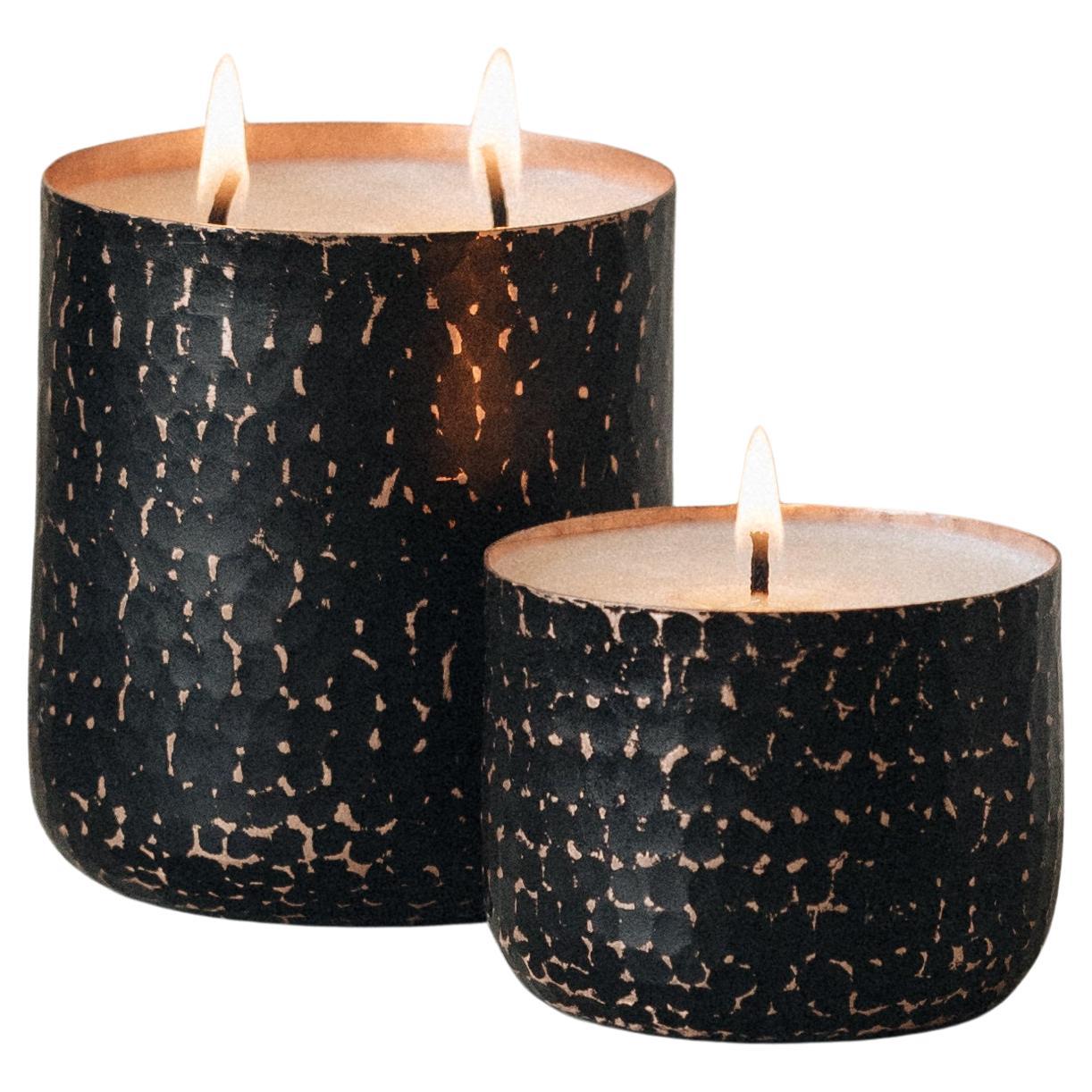 Rustic Hand-Hammered Medium Black Ink Copper Candle For Sale at 1stDibs