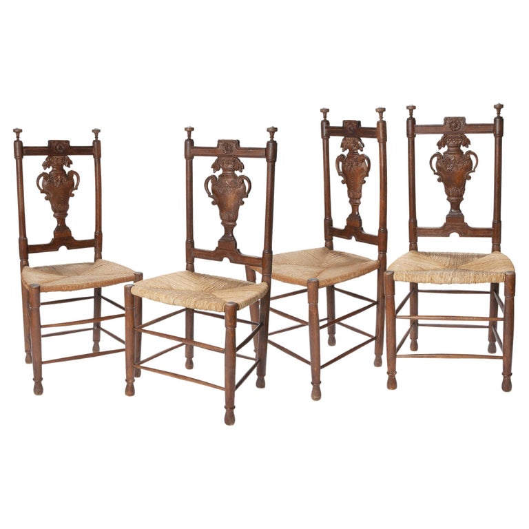 Rustic Handcarved French Dining Chairs/ Rush Seats S/4 For Sale at 1stDibs