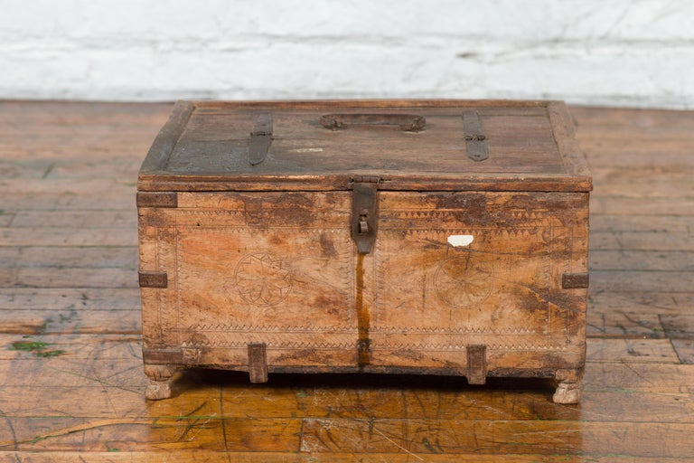 Rustic Indian 19th Century Treasure Box with Carved Rosettes and Small ...