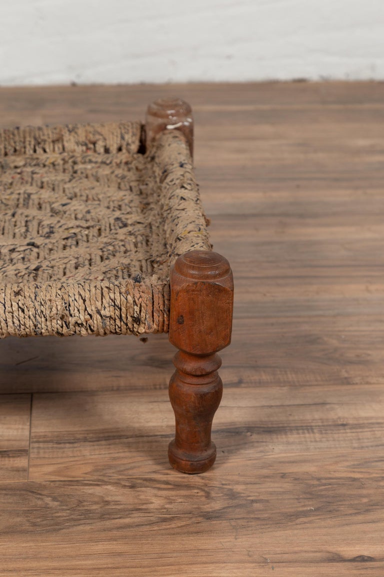 Rustic Indian Low Wooden Chair with Rope Seat and Weathered Appearance ...