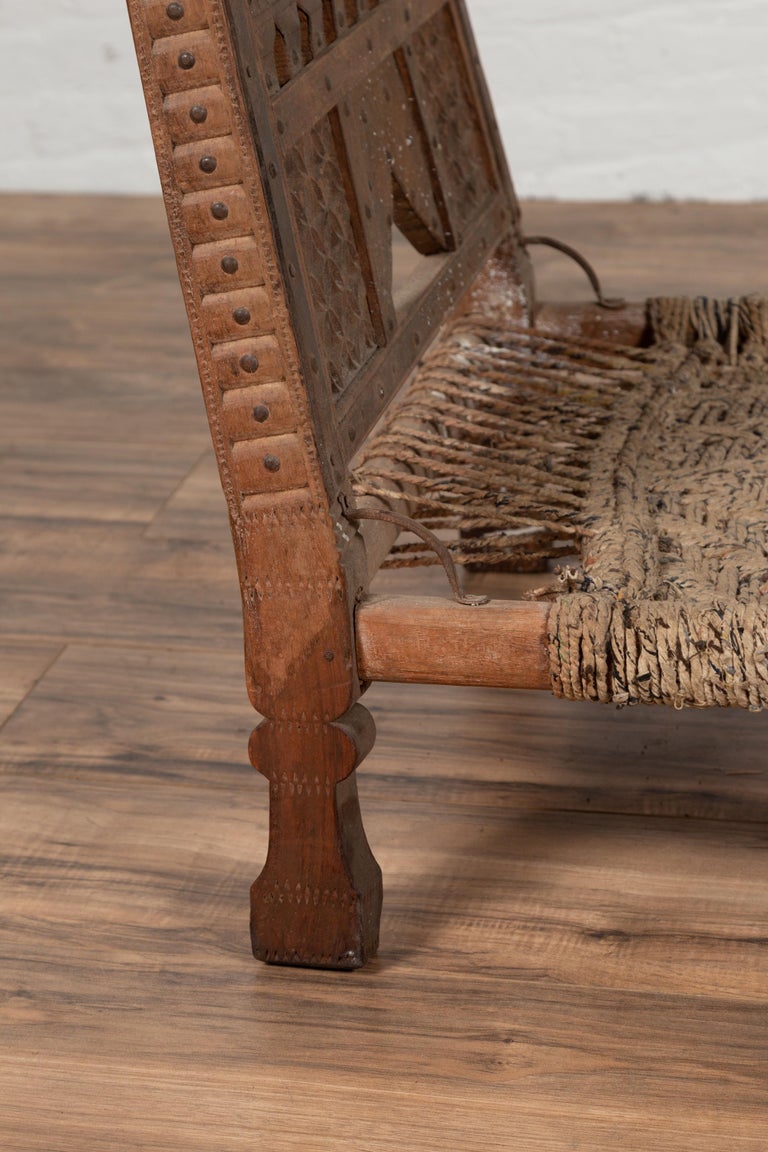 Rustic Indian Low Wooden Chair with Rope Seat and Weathered Appearance ...